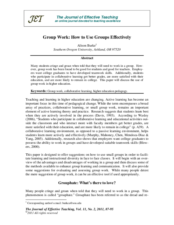 (PDF) The Journal of Effective Teaching Group Work: How to Use Groups ...