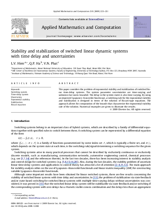 (PDF) Stability and stabilization of switched linear dynamic systems with time delay and ...