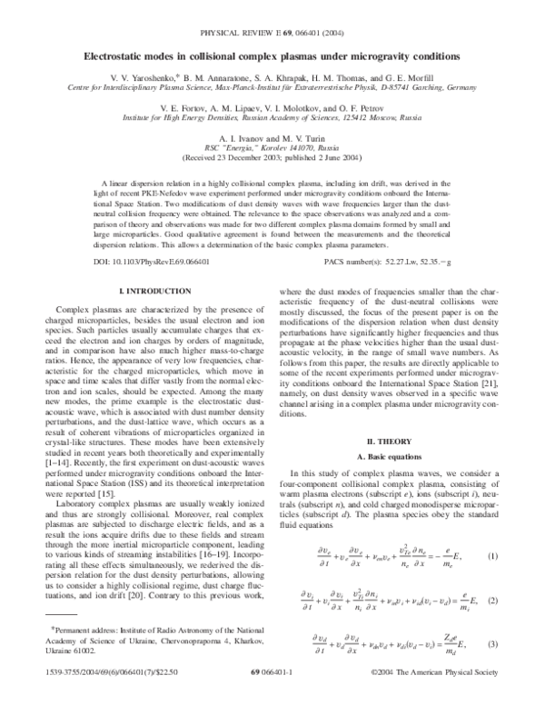 (PDF) Electrostatic modes in collisional complex plasmas under ...