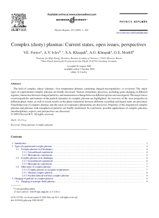 (PDF) Complex (dusty) plasmas: Current status, open issues, perspectives
