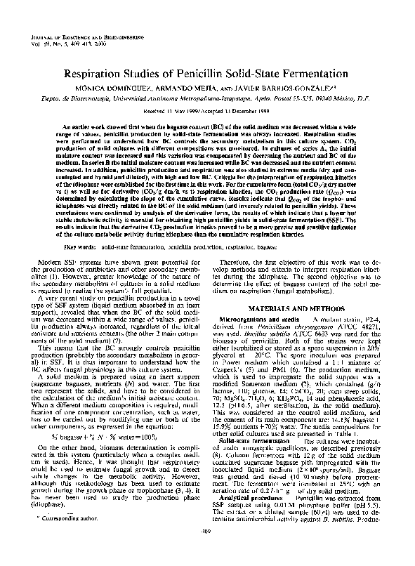 (PDF) Respiration studies of penicillin solid-state fermentation