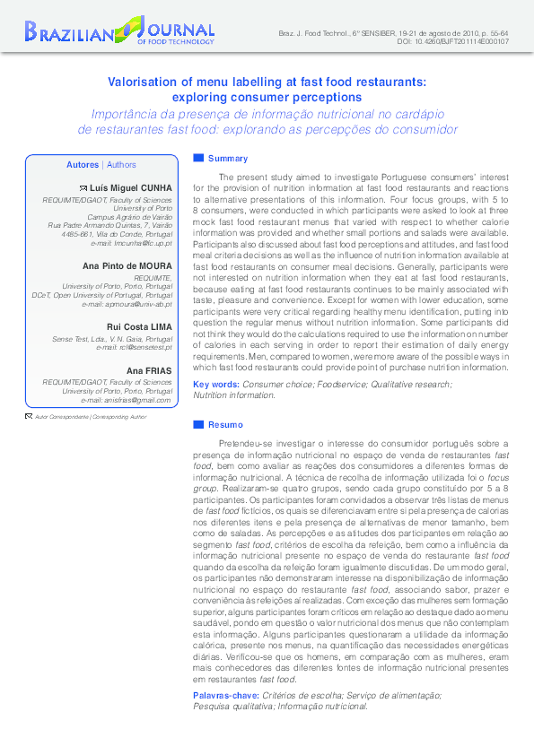 (PDF) Valorisation of menu labelling at fast food restaurants ...