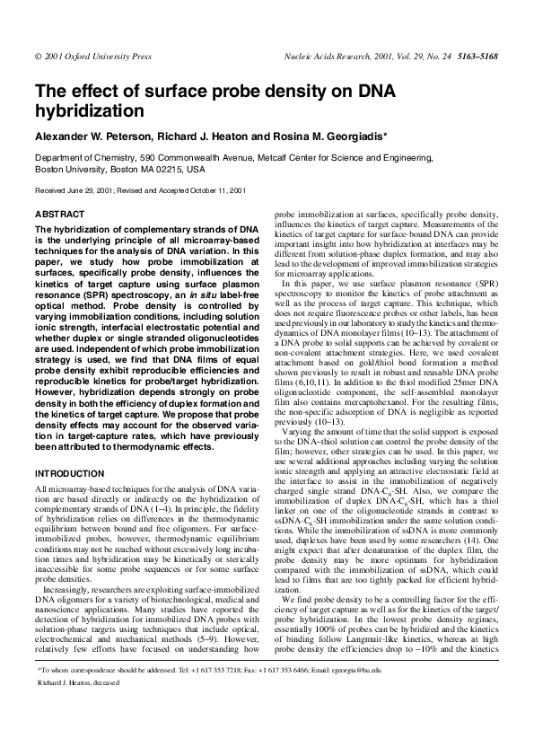 (PDF) The effect of surface probe density on DNA hybridization