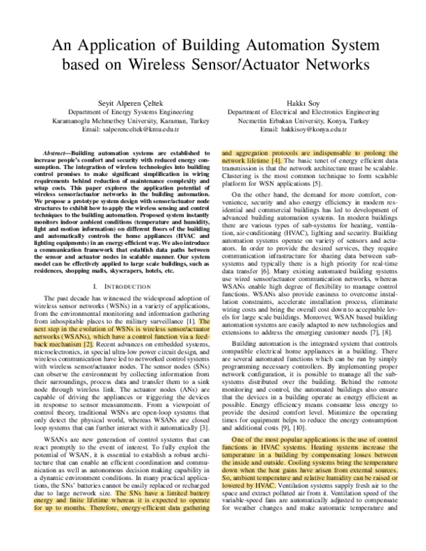 Pdf An Application Of Building Automation System Based On Wireless Sensoractuator Networks