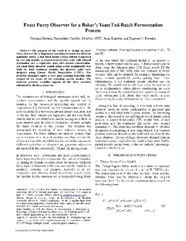 (PDF) Exact Fuzzy Observer for a Baker's Yeast Fed-Batch Fermentation Process