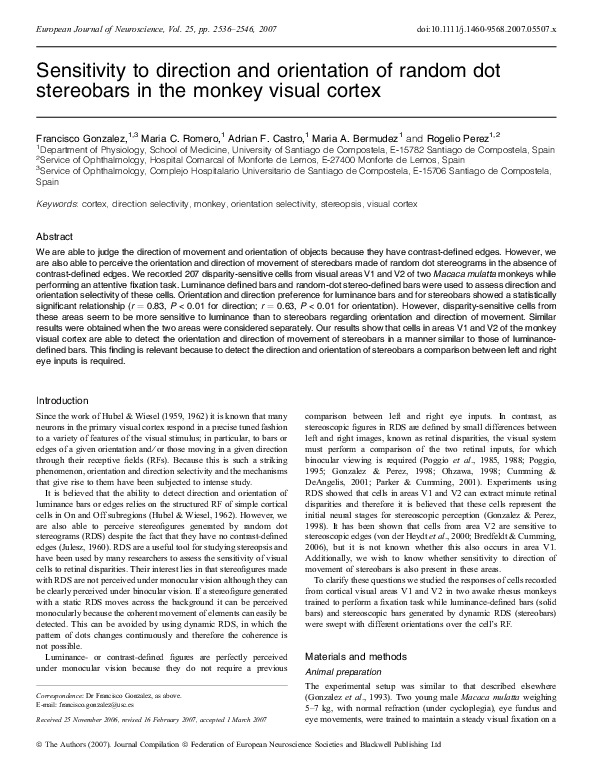 (PDF) Sensitivity to direction and orientation of random dot stereobars in the monkey visual cortex