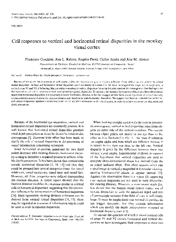 (PDF) Cell responses to vertical and horizontal retinal disparities in the monkey visual cortex