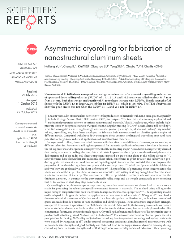 (PDF) Asymmetric cryorolling for fabrication of nanostructural aluminum ...