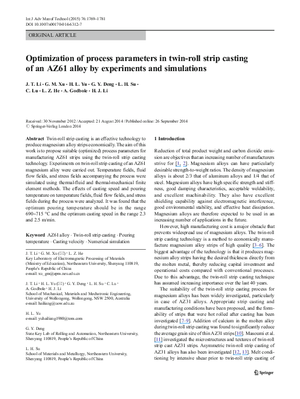 (PDF) Optimization of process parameters in twin-roll strip casting of an AZ61 alloy by ...