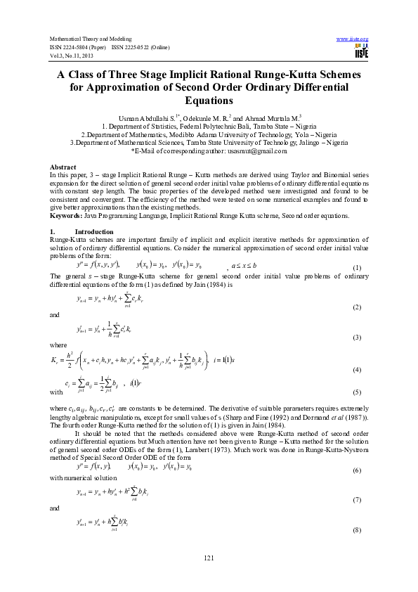 Pdf A Class Of Three Stage Implicit Rational Runge Kutta Schemes For Approximation Of Second