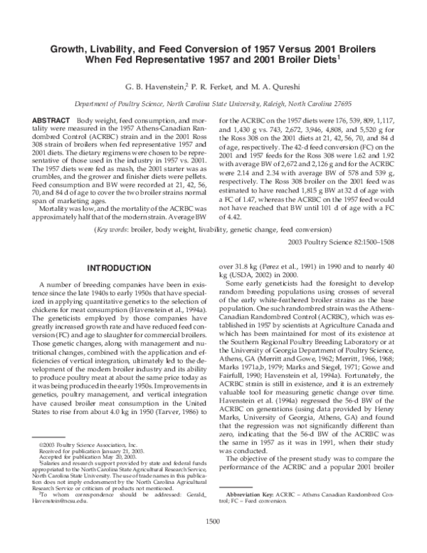 (PDF) Growth, Livability, and Feed Conversion of 1957 vs 1991 Broilers ...