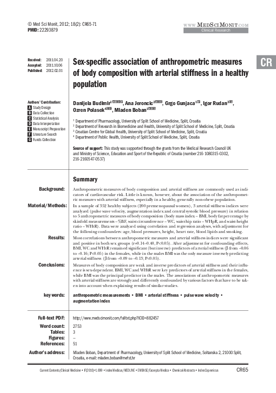 Pdf Sex Specific Association Of Anthropometric Measures Of Body