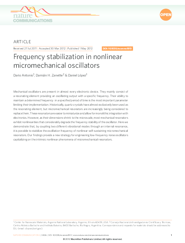 (PDF) Frequency stabilization in nonlinear micromechanical oscillators