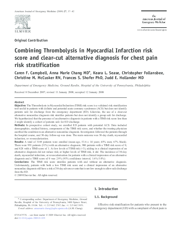 (PDF) Combining Thrombolysis in Myocardial Infarction risk score and ...