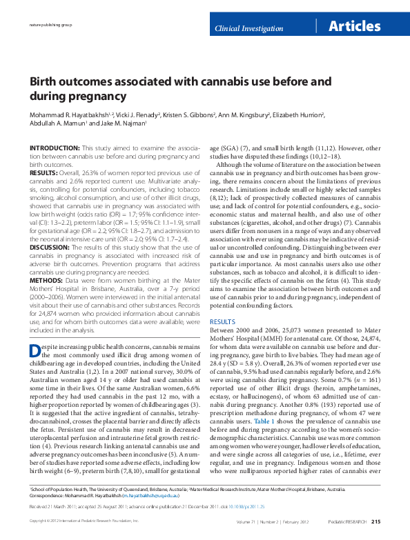 (PDF) Birth outcomes associated with cannabis use before and during ...