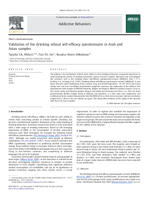 (PDF) Validation of the Drinking Refusal Self‐Efficacy Questionnaire ...