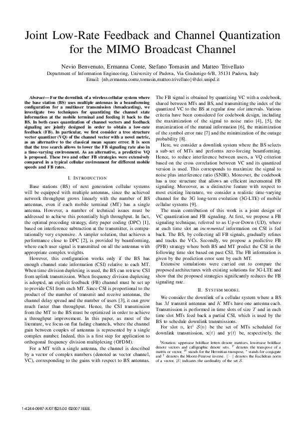 (PDF) Joint low-rate feedback and channel quantization for the MIMO broadcast channel