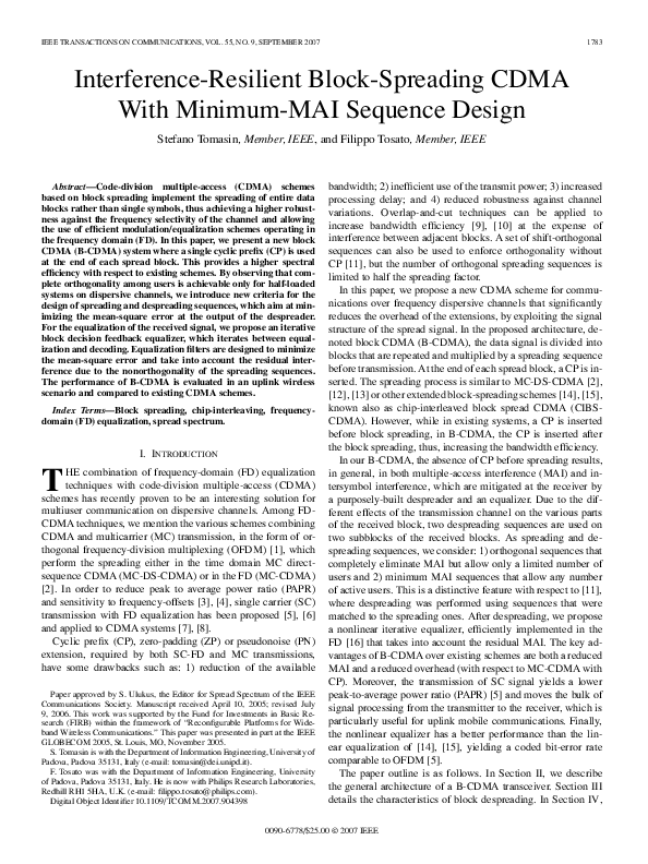 (PDF) Interference-Resilient Block-Spreading CDMA With Minimum-MAI Sequence Design