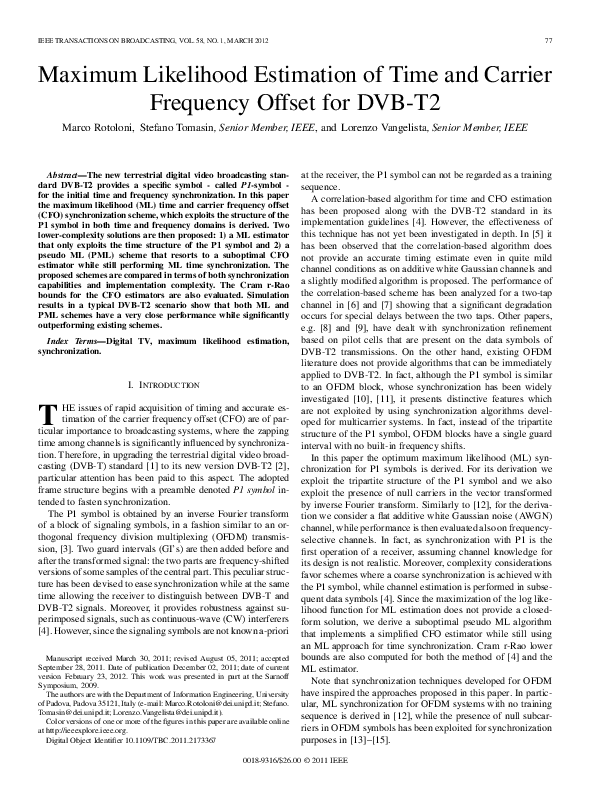 Pdf Maximum Likelihood Estimation Of Time And Carrier Frequency Offset For Dvb T2