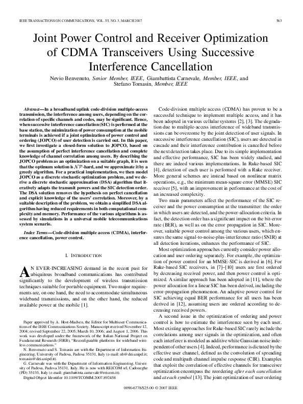Pdf Joint Power Control And Receiver Optimization Of Cdma Transceivers Using Successive