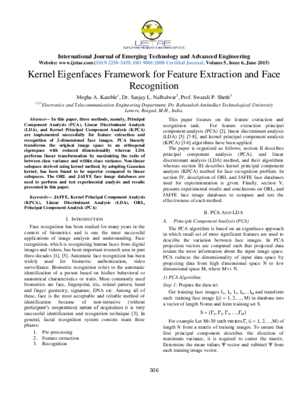 Pdf Kernel Eigenfaces Framework For Feature Extraction And Face Recognition