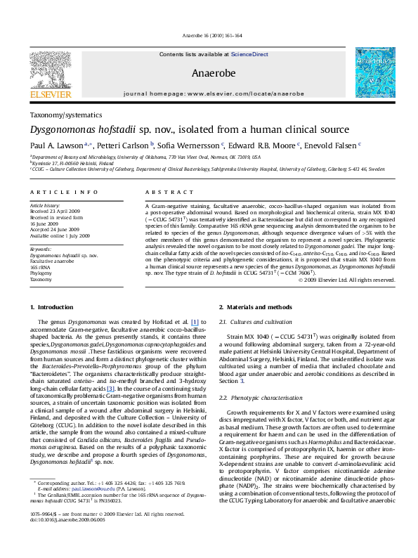 (PDF) Dysgonomonas hofstadii sp. nov., isolated from a human clinical ...