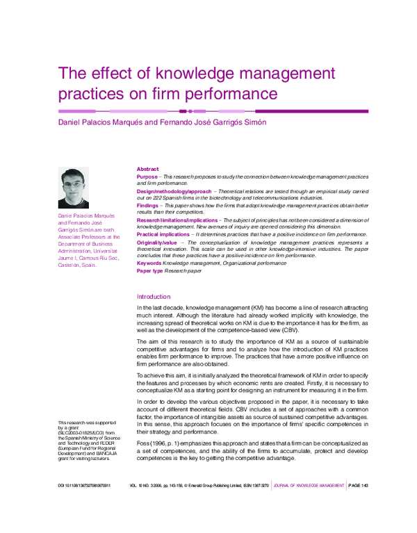 Pdf The Effect Of Knowledge Management Practices On Firm Performance