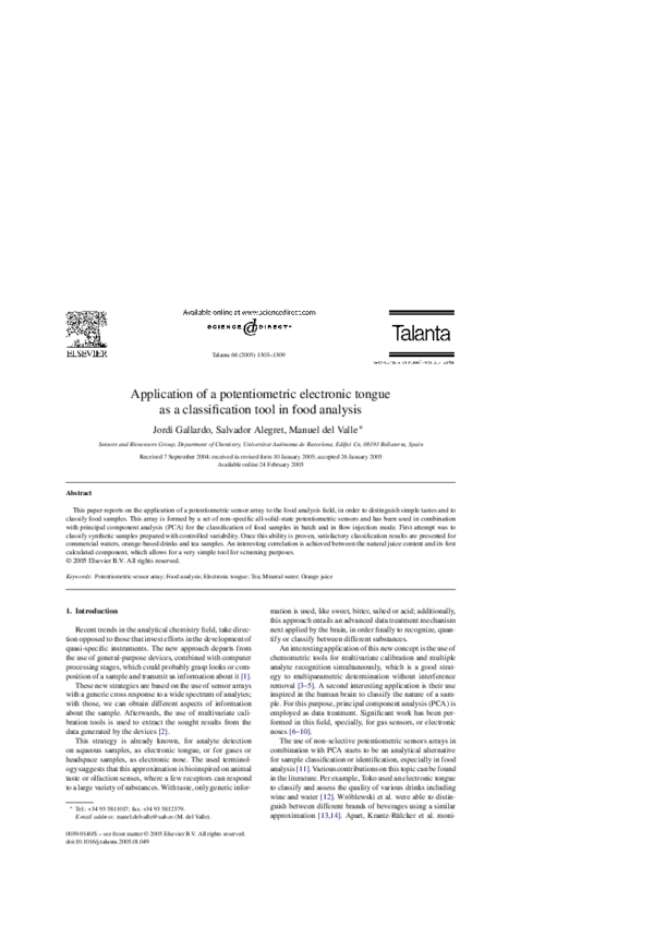 Pdf Application Of A Potentiometric Electronic Tongue As A Classification Tool In Food Analysis