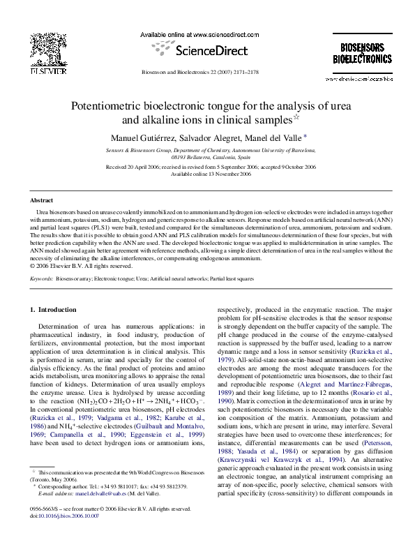 (PDF) Potentiometric bioelectronic tongue for the analysis of urea and ...