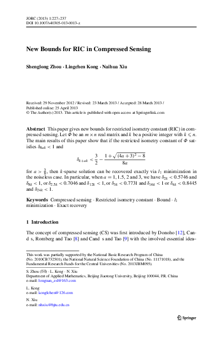 (PDF) New Bounds for RIC in Compressed Sensing