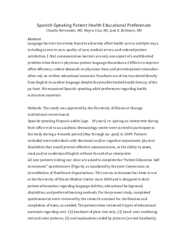 (PDF) Spanish-Speaking Patient Health Educational Preferences