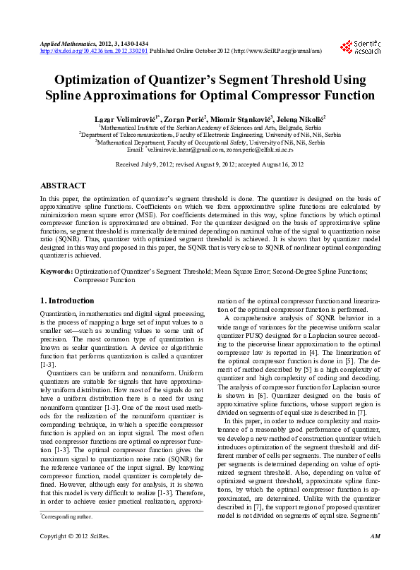 (PDF) Optimization of Quantizer’s Segment Threshold Using Spline Approximations for Optimal ...