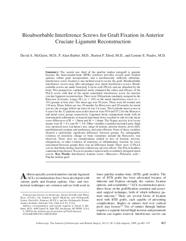 (PDF) Bioabsorbable Interference Screws for Graft Fixation in Anterior ...