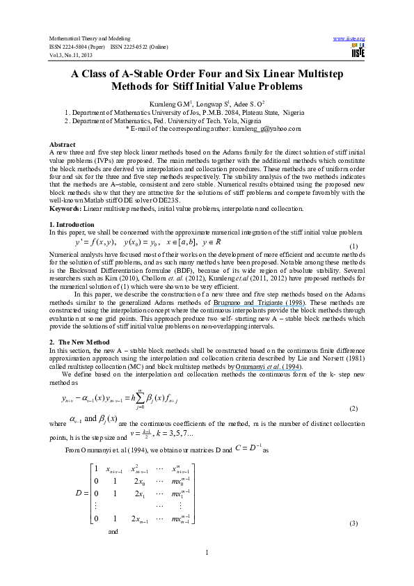 (PDF) A Class of A-Stable Order Four and Six Linear Multistep Methods for Stiff Initial Value ...
