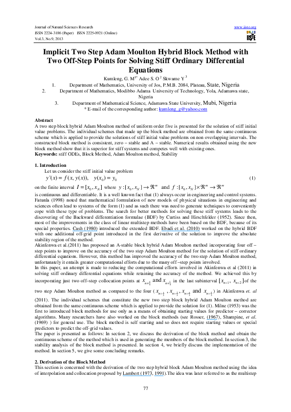 Pdf Implicit Two Step Adam Moulton Hybrid Block Method With Two Off Step Points For Solving