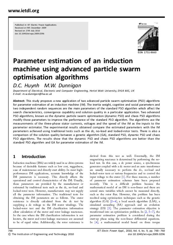 Pdf Parameter Estimation Of An Induction Machine Using Advanced Particle Swarm Optimisation