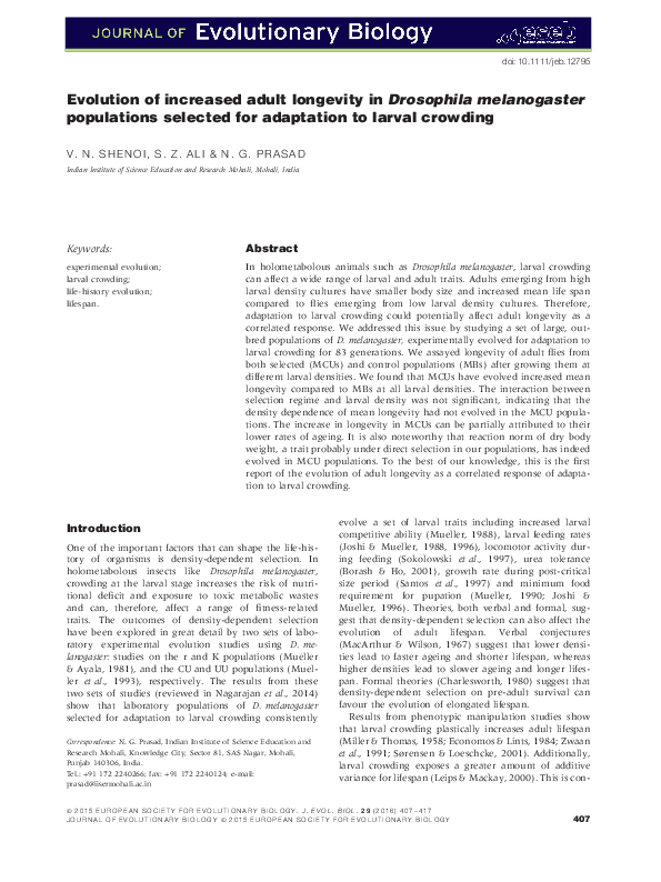 (PDF) Evolution of increased adult longevity in Drosophila melanogaster ...