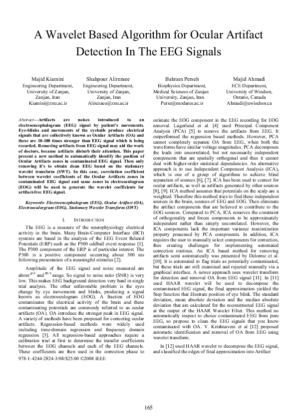 Pdf A Wavelet Based Algorithm For Ocular Artifact Detection In The Eeg Signals