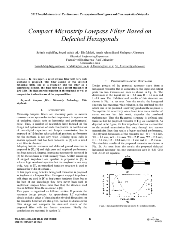 Pdf Compact Microstrip Lowpass Filter Based On Defected Hexagonals