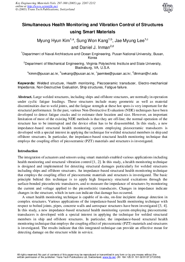 Pdf Simultaneous Health Monitoring And Vibration Control Of Structures Using Smart Materials