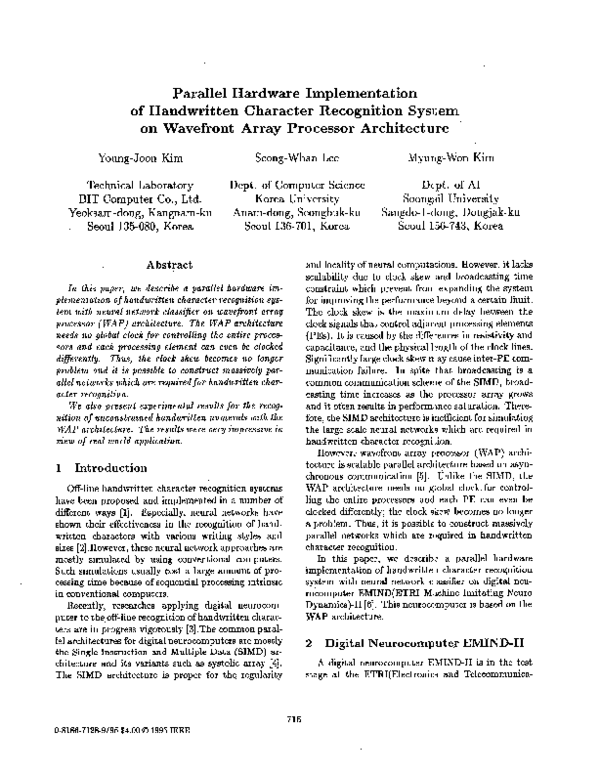 Pdf Parallel Hardware Implementation Of Handwritten Character Recognition System On Wavefront