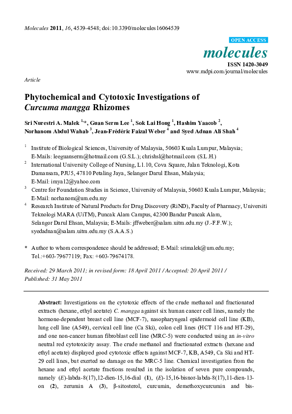 (PDF) Phytochemical and Cytotoxic Investigations of Curcuma mangga Rhizomes