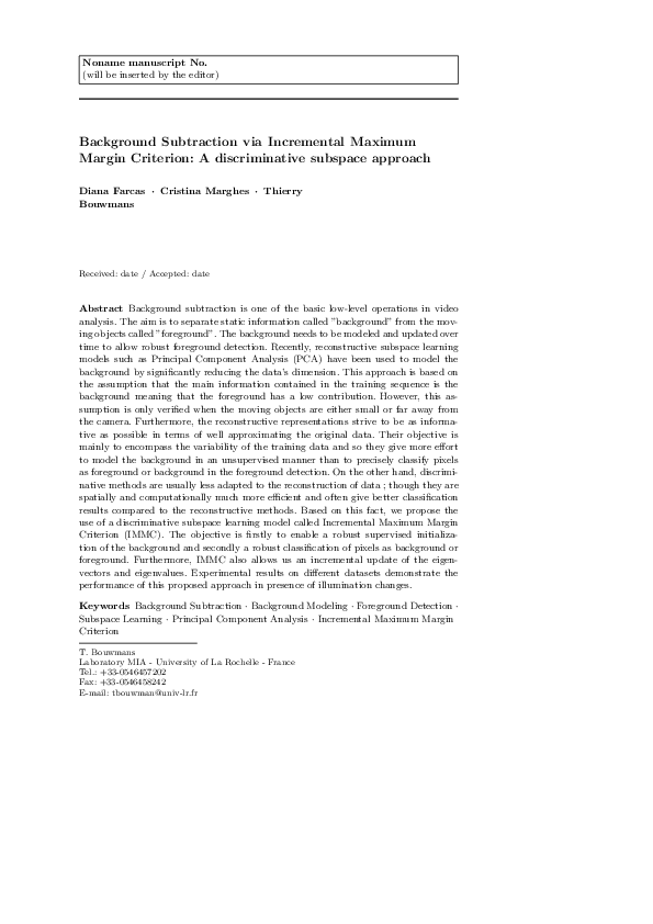 (PDF) Background subtraction via incremental maximum margin criterion: a discriminative subspace ...