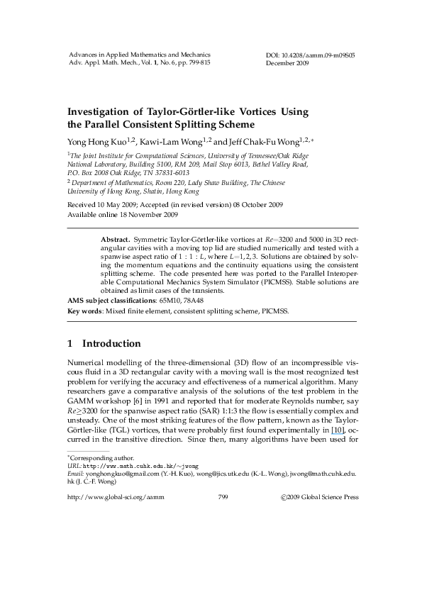 (PDF) Investigation of Taylor-Gortler-like Vortices Using the Parallel Consistent Splitting Scheme