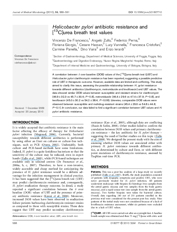 (PDF) Helicobacter pylori antibiotic resistance and [13C]urea breath ...