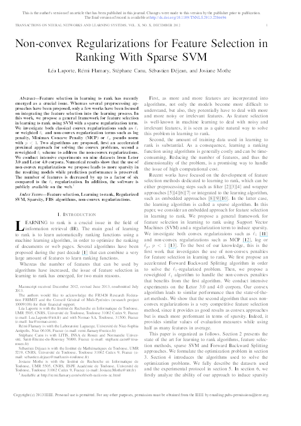 (PDF) Nonconvex Regularizations for Feature Selection in Ranking With Sparse SVM