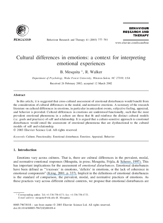 (PDF) Cultural differences in emotions: A context for interpreting ...