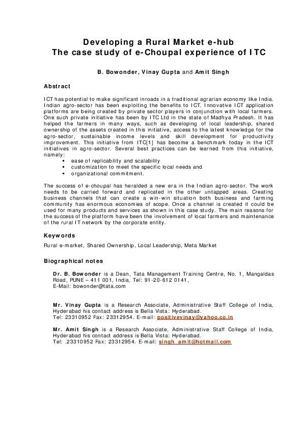 (PDF) Developing a Rural Market e-hub The case study of e-Choupal ...