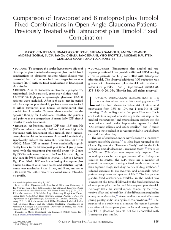 (PDF) Comparison of Travoprost and Bimatoprost plus Timolol Fixed ...