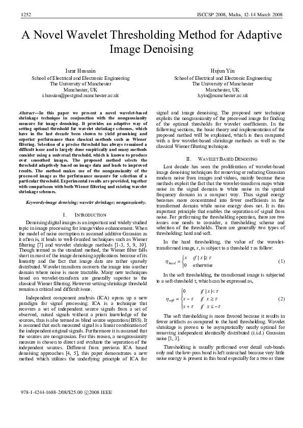 Pdf A Novel Wavelet Thresholding Method For Adaptive Image Denoising